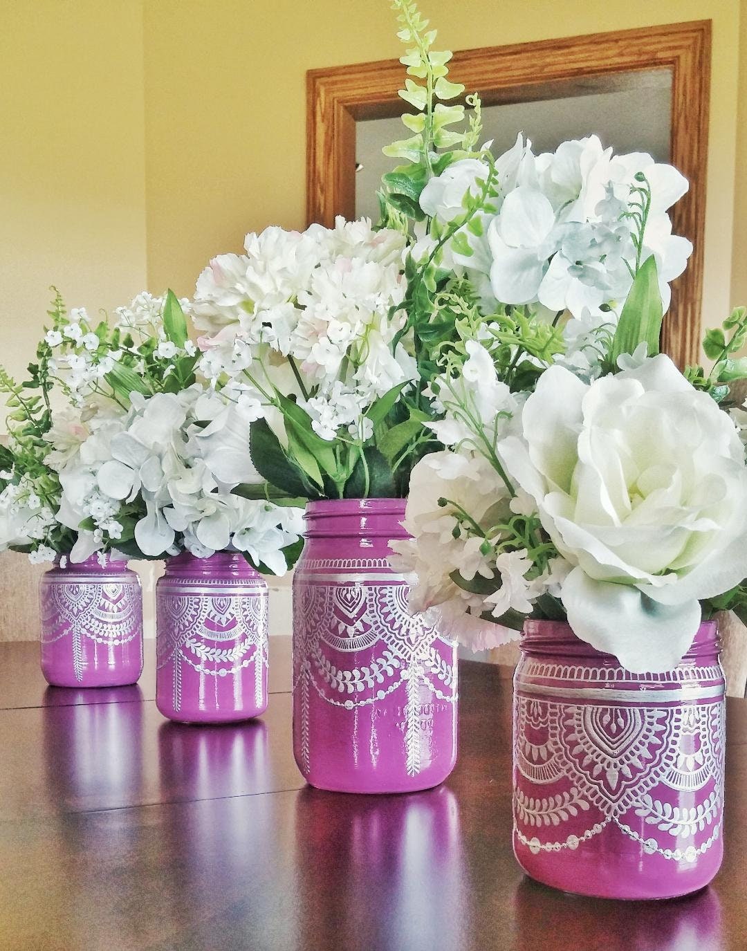 Boho Mason Jar Set of 4 Hand Painted in Purple and Silver Vase Lantern ...