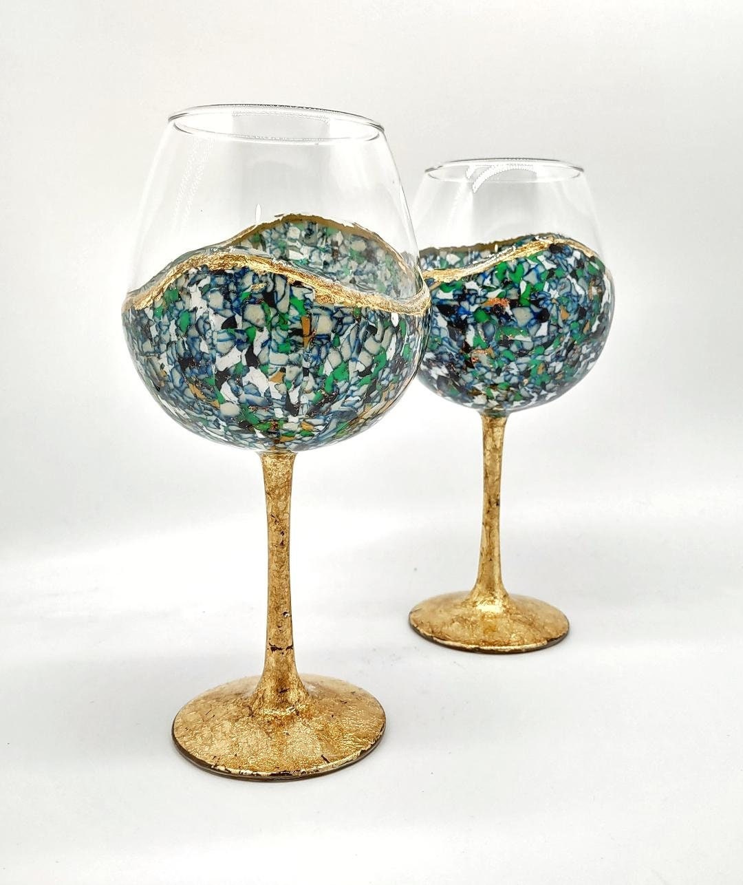 Polymer Clay Wine Glass in Green Blue and White With Gold Leaf Stem - Etsy