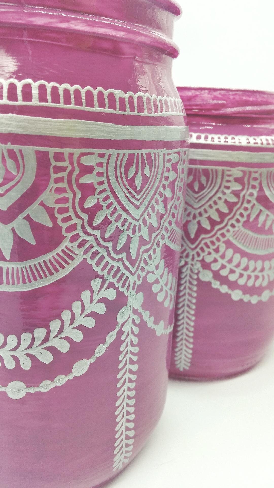 Boho Mason Jar Set of 4 Hand Painted in Purple and Silver Vase | Etsy