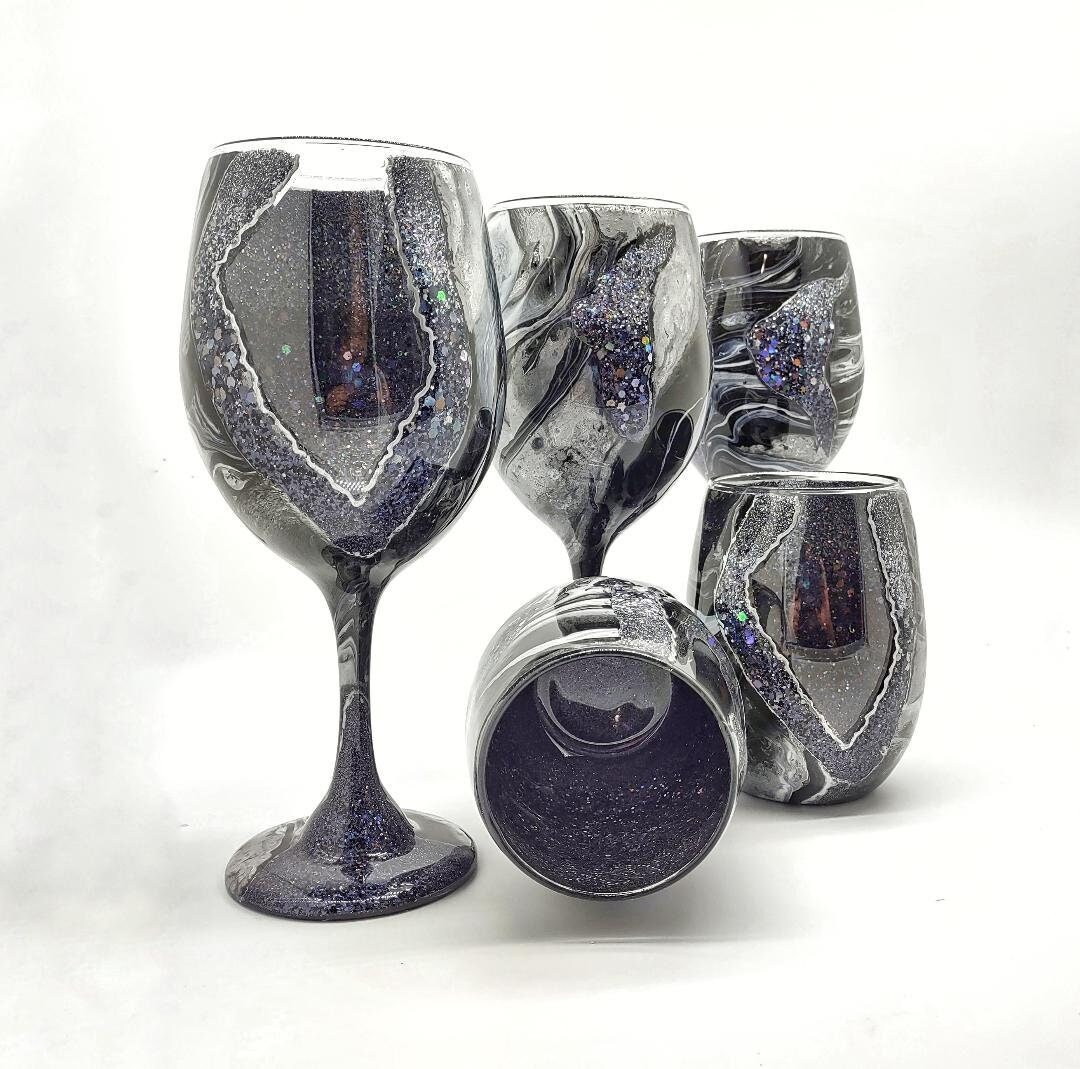 Black Diamond Geode Agate Hand Pained Wine Glass in Stemmed or Stemless ...