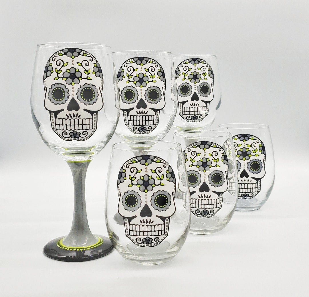 Gray Sugar Skull Hand Painted Wine Glass in Stemmed or - Etsy