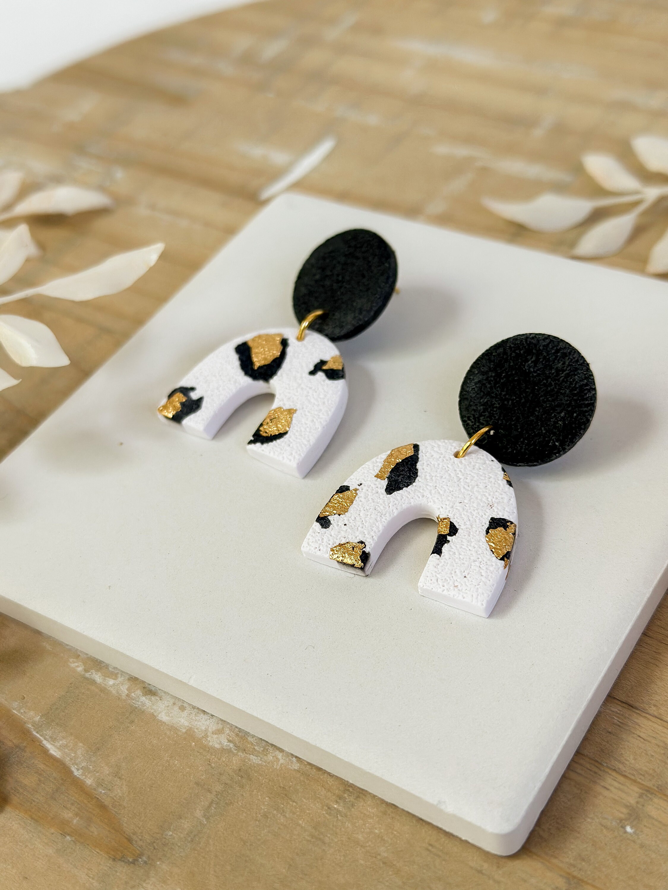 White Cheetah Print Polymer Clay Earrings With Gold Leaf - Etsy