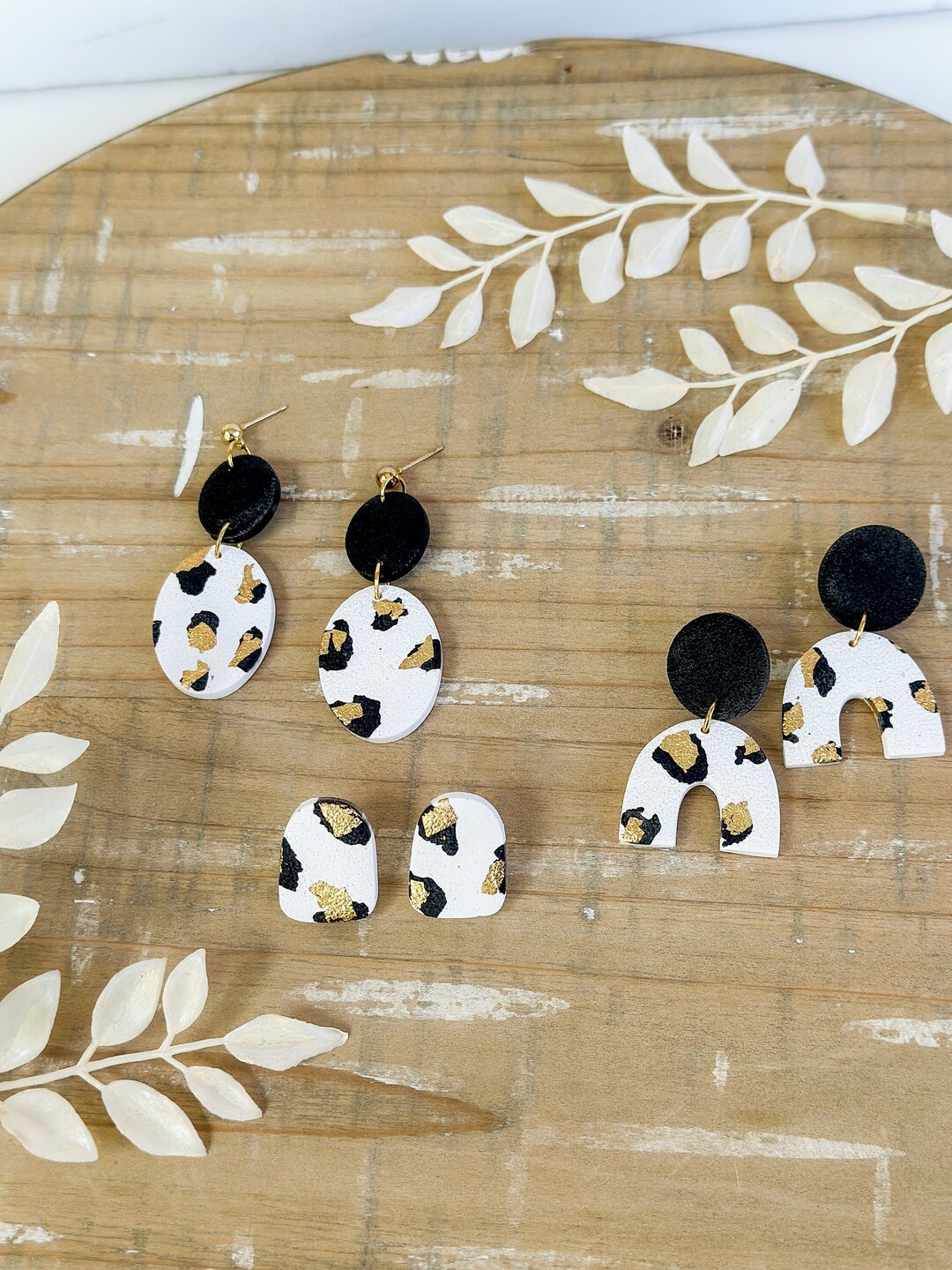 White Cheetah Print Polymer Clay Earrings With Gold Leaf - Etsy