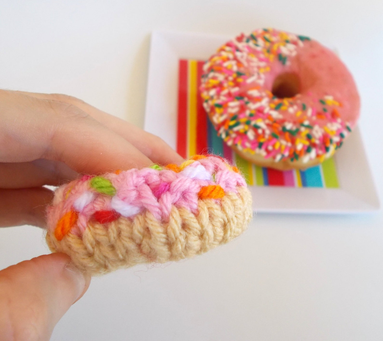 Mini Pink Donut Knitted Stuffed Ornament - Kids Room Decor - Play Food ...