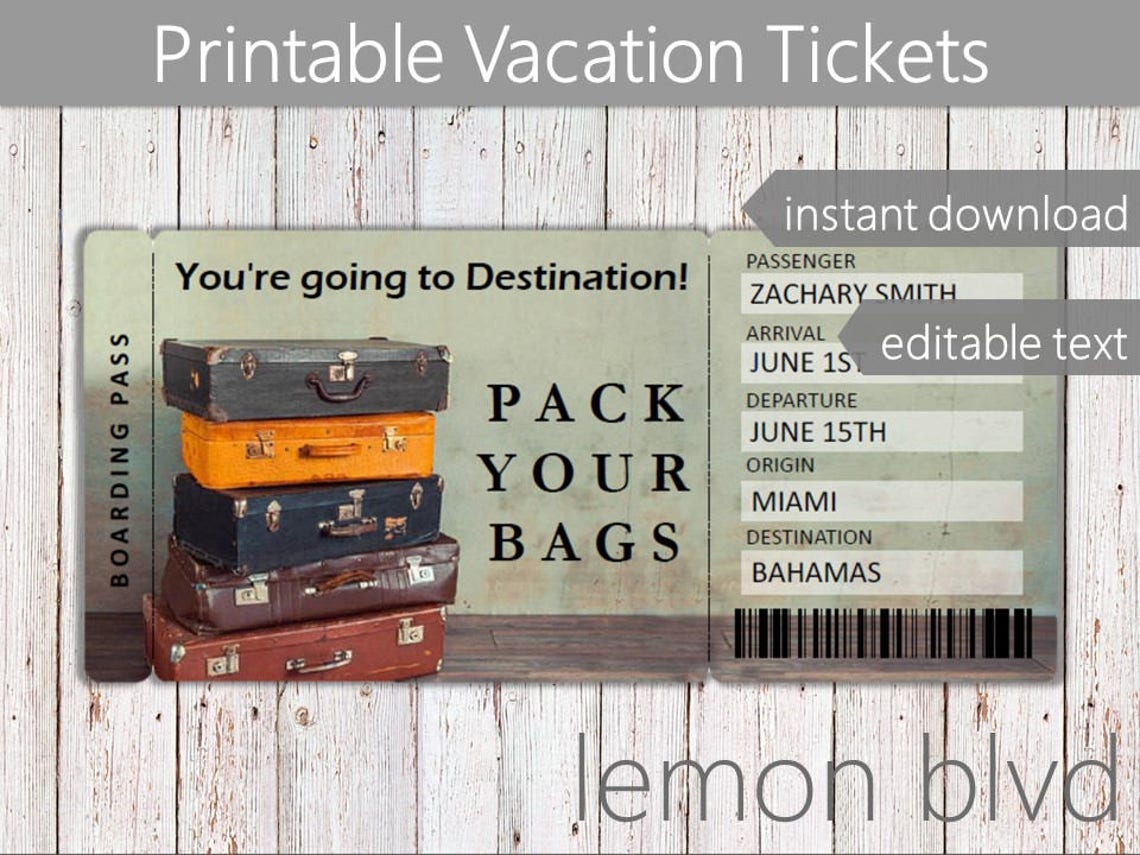 Surprise Trip Tickets | Instant Digital Download | Editable Text ...