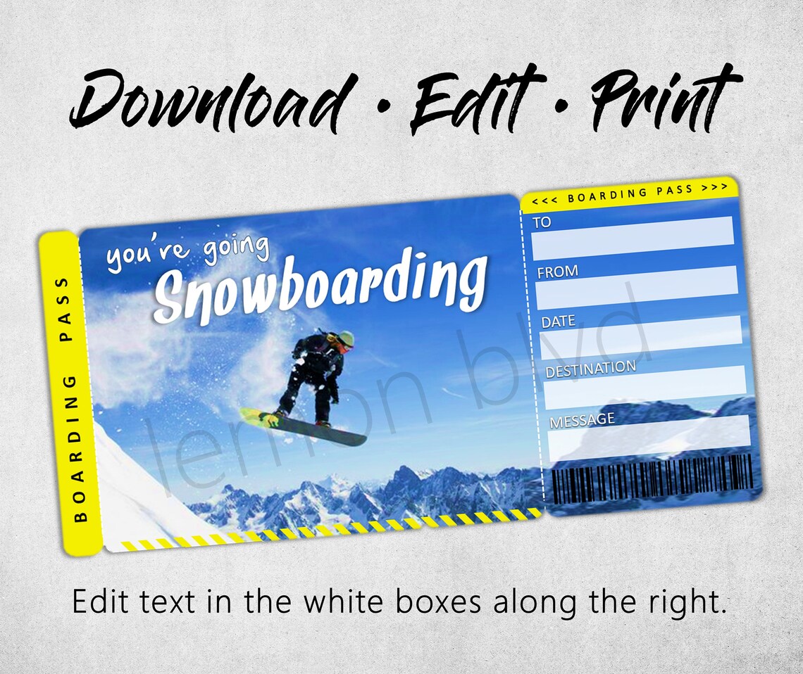 Surprise Snowboarding Trip Tickets | Ticket Download | Editable Text ...