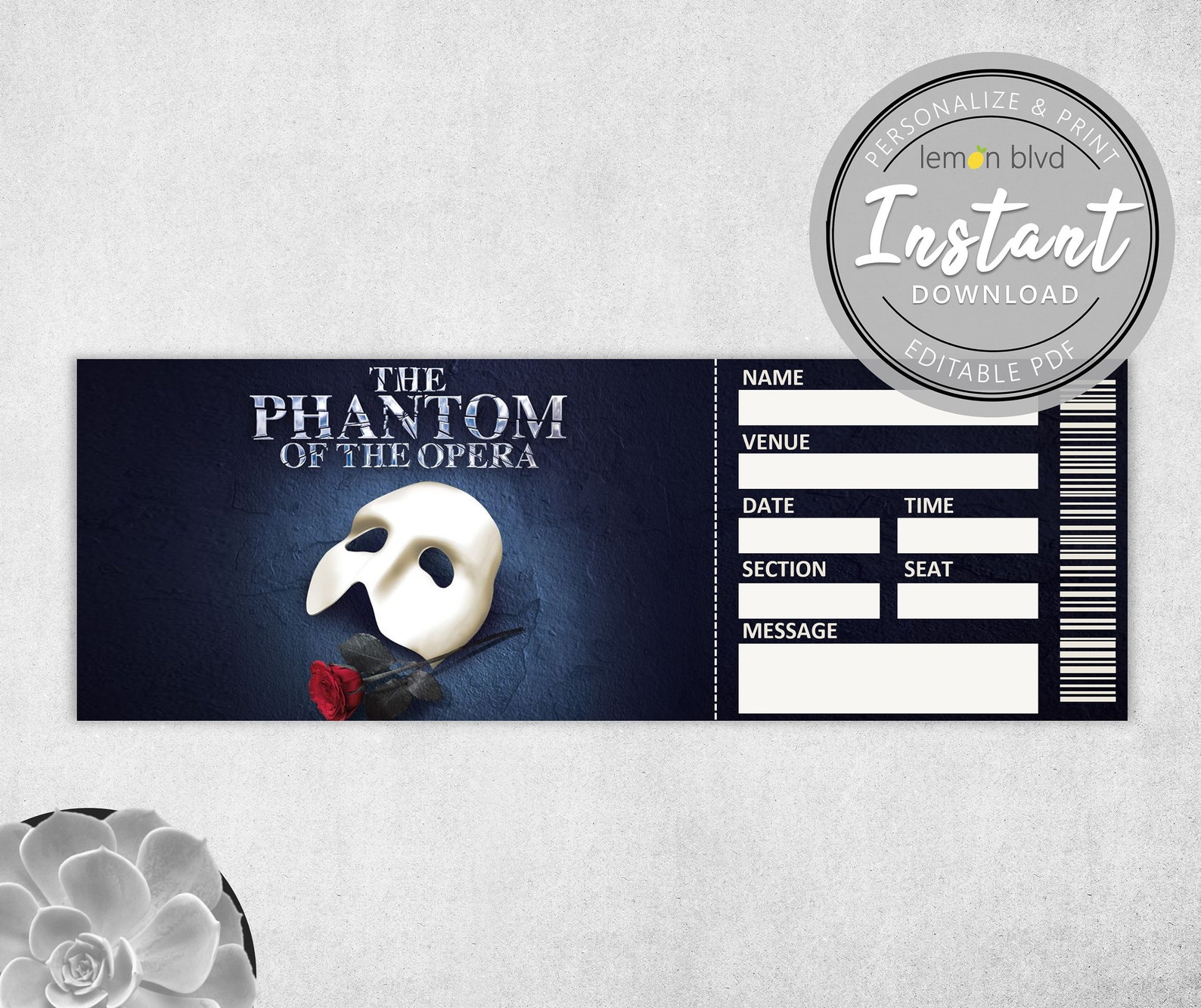 Phantom of the Opera Ticket Printable Surprise Gift Reveal - Etsy
