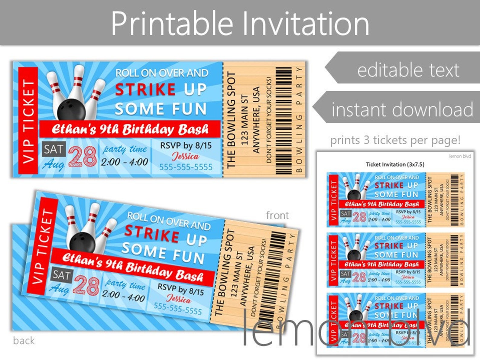 Bowling Party Ticket Invitation | Editable Instant Digital Download ...