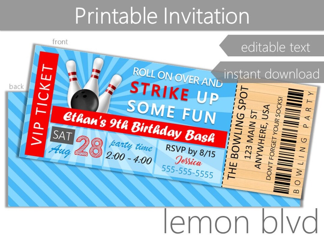 Bowling Party Ticket Invitation | Editable Instant Digital Download ...
