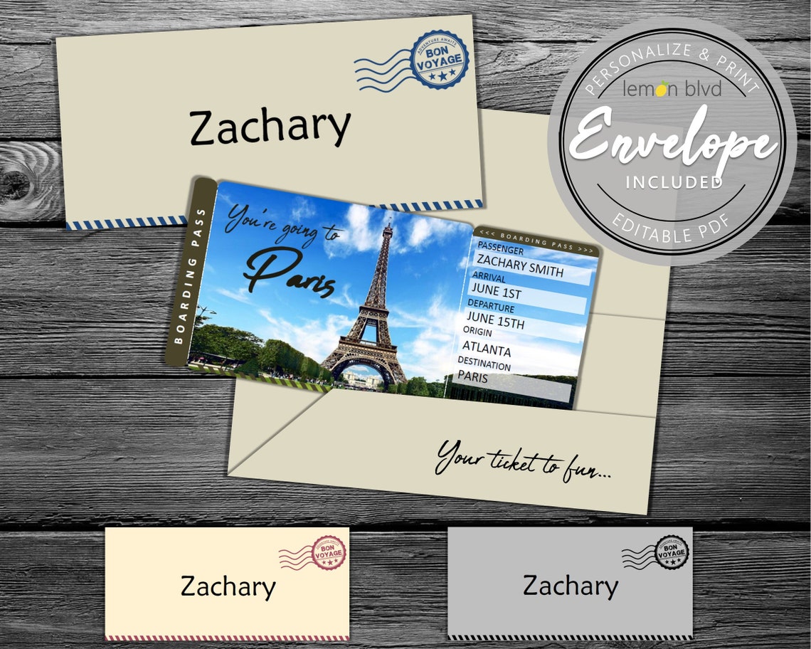 Surprise Paris Trip Ticket | Vacation Ticket Instant Download ...