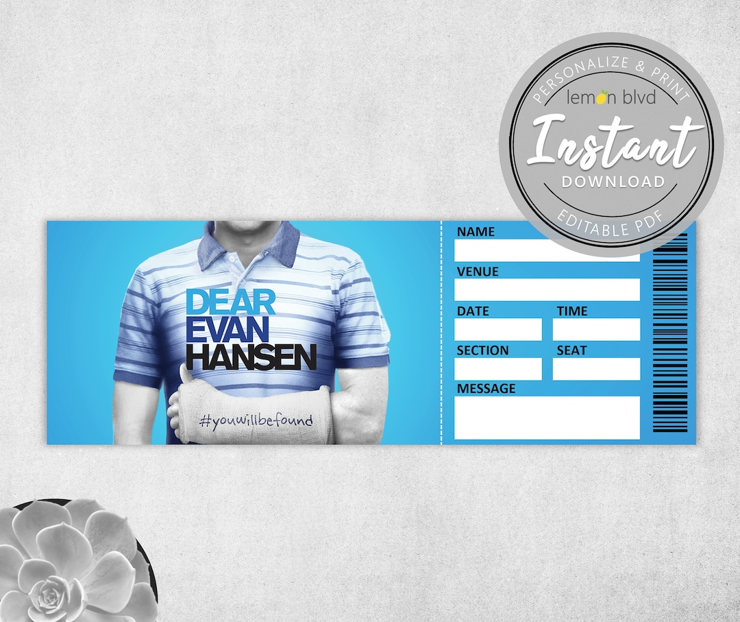 Dear Evan Hansen Ticket Printable Surprise Gift Reveal Broadway Musical ...