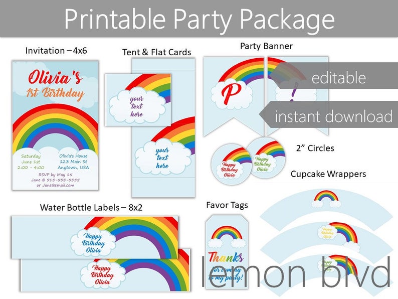 Rainbow Party Printables Package Rainbow Instant Digital | Etsy