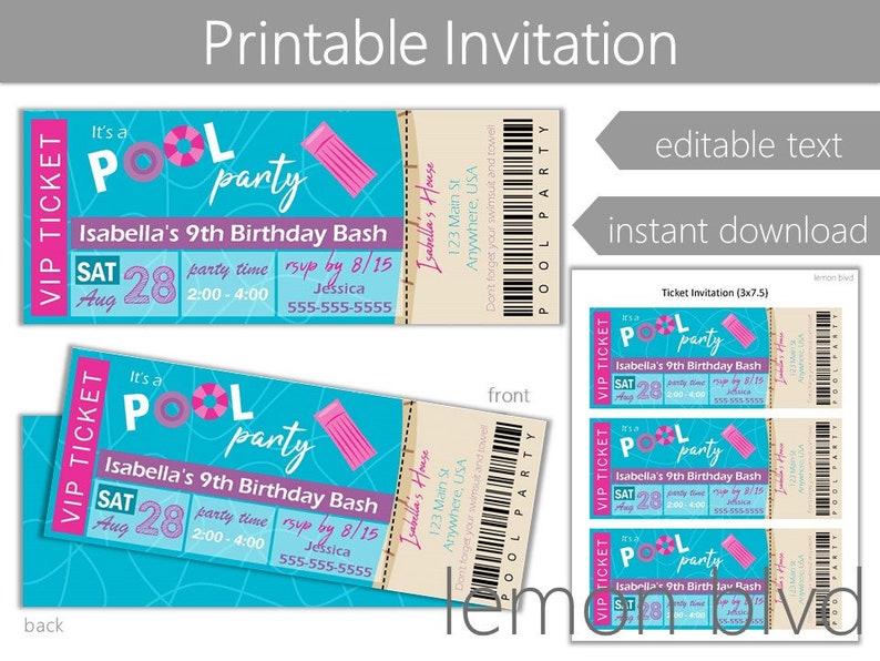Pool Party Ticket Invitation Editable Instant Digital - Etsy