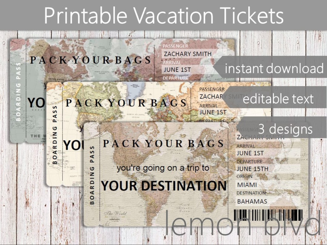 Surprise Trip Tickets | Vacation Ticket Instant Download | Editable ...