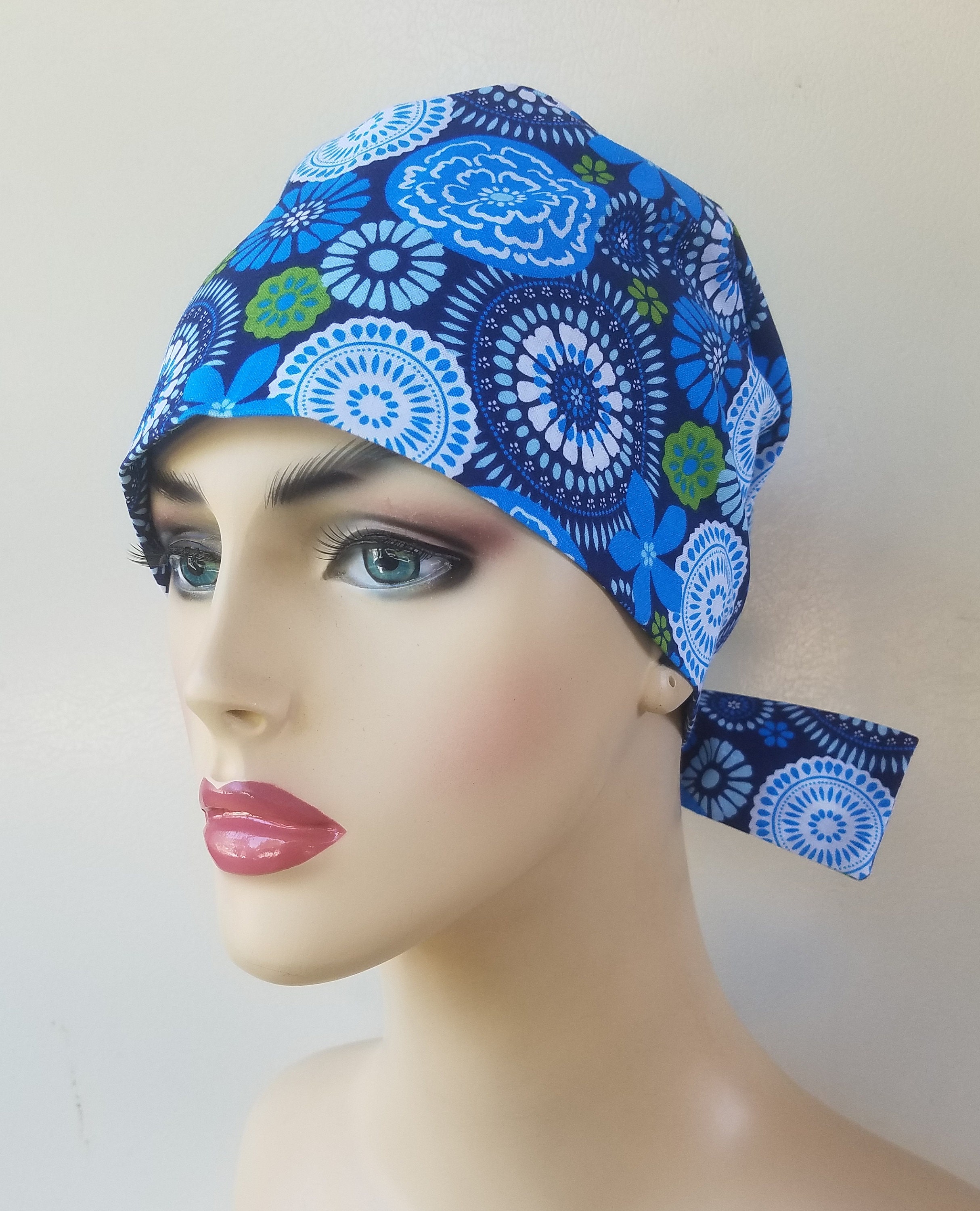 Blue and green polynesian floral tie back scrub hat, scrub hat for ...
