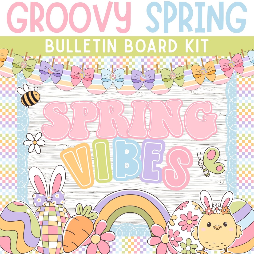 Groovy Spring Bulletin Board Kit, Retro Spring Classroom Decor, Bunny ...