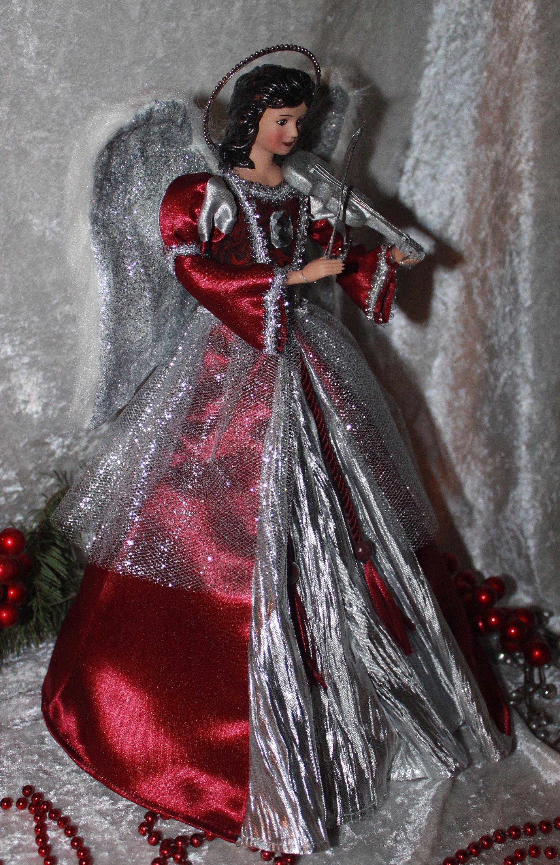 Victorian Christmas Angel Treetopper. Red and Silver Celestial - Etsy