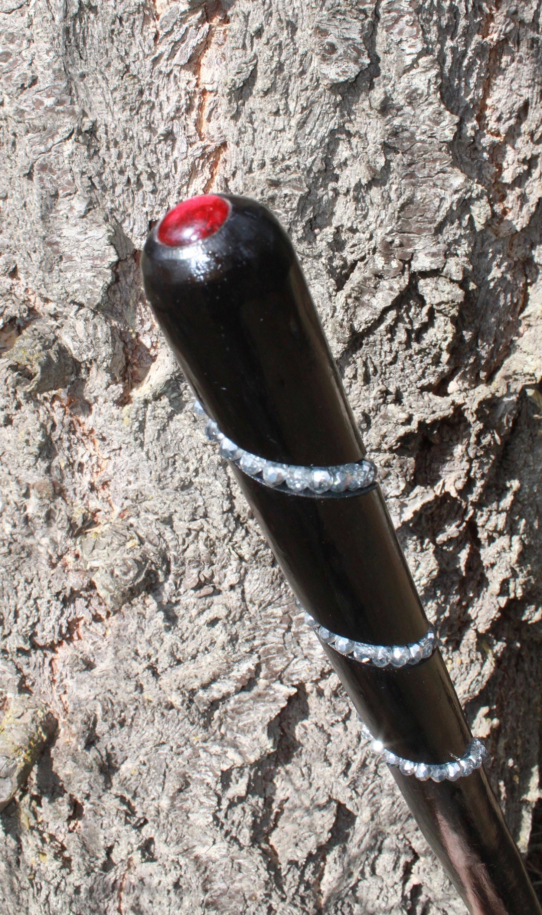 Black and Silver Spiral Bead Walking Staff. Red Glass Jewel on Top ...