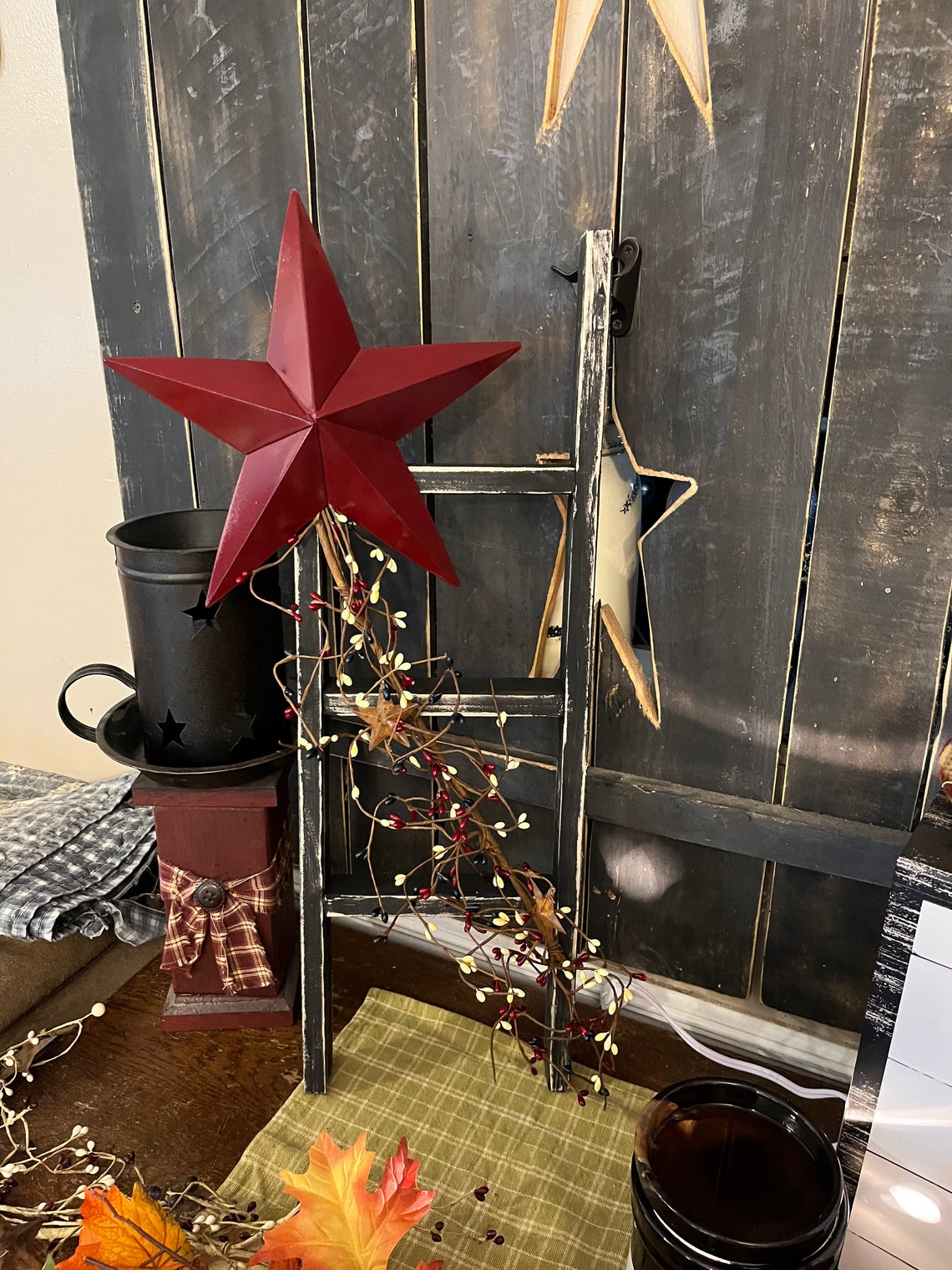 Handmade Wooden Primitive Ladder With Pip Berries and Star - Etsy