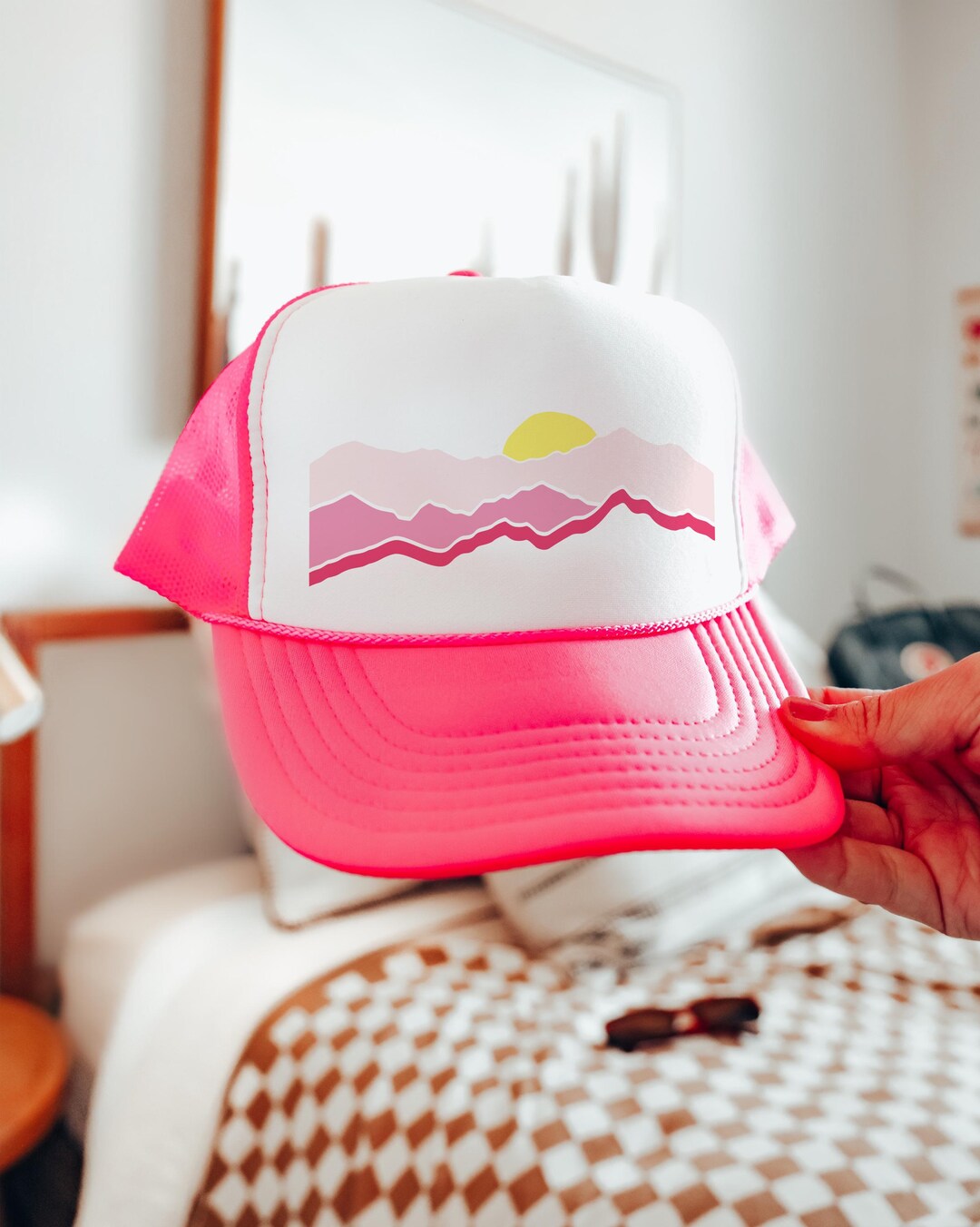 Trucker Caps, Sunset Mountain Landscape Hat, Pink Minimalist Cap ...