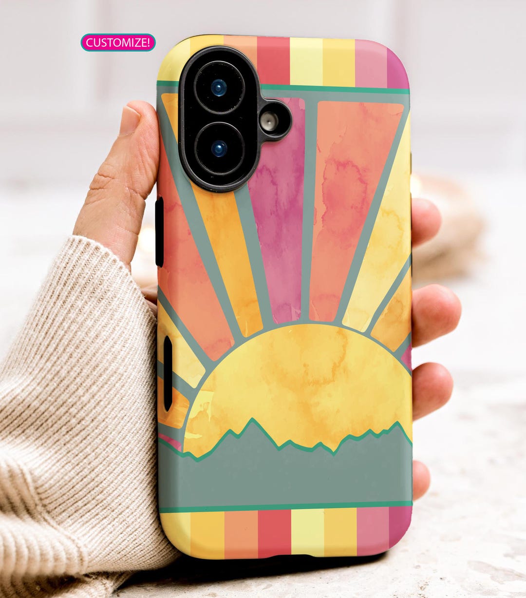 Custom Watercolor Mountain Sunset Design Tough Phone Case, Vibrant ...