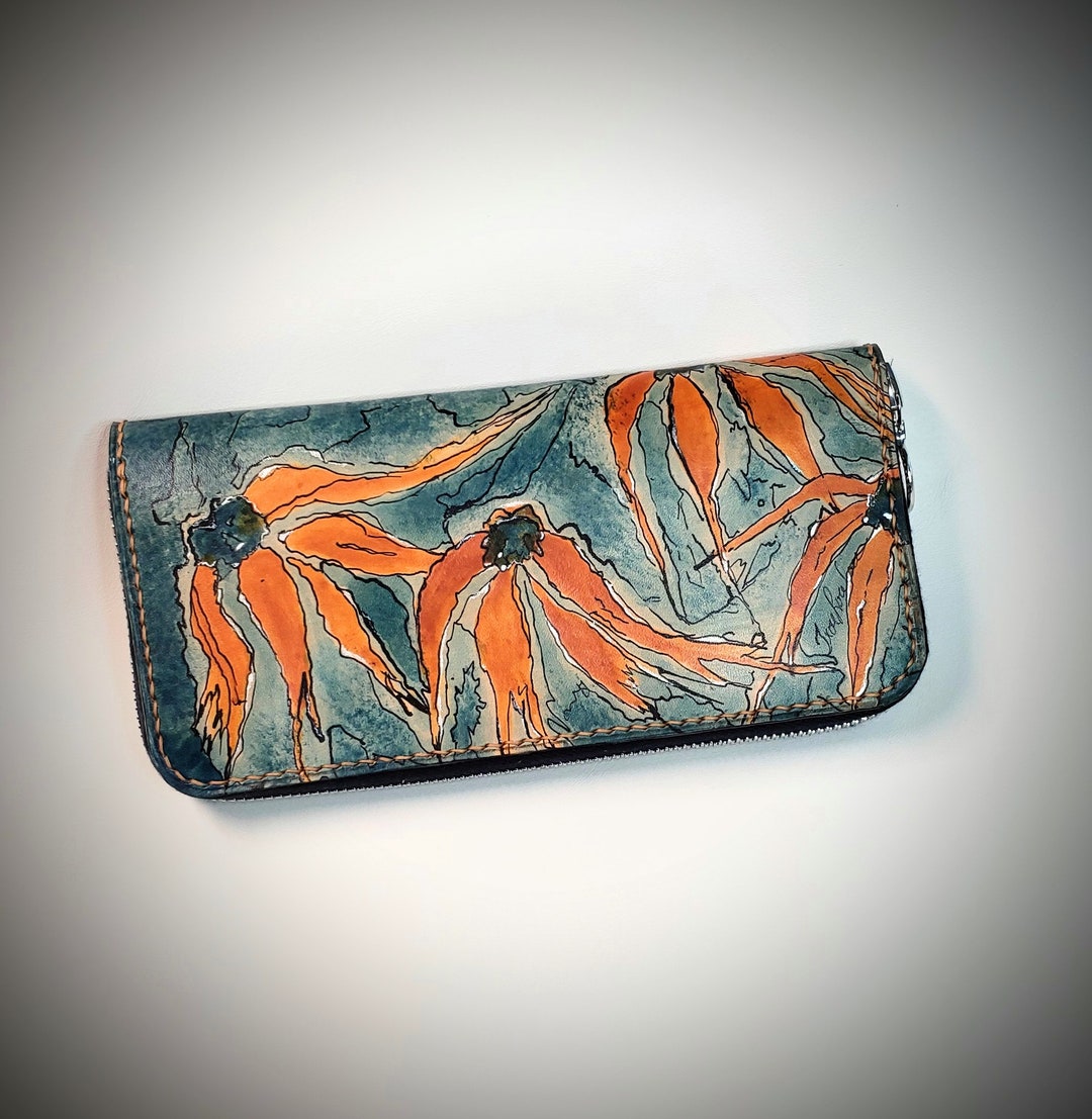 Long Leather Wallet With Zipper, Hand Dyed, Women, Hand Sewn, Made in ...