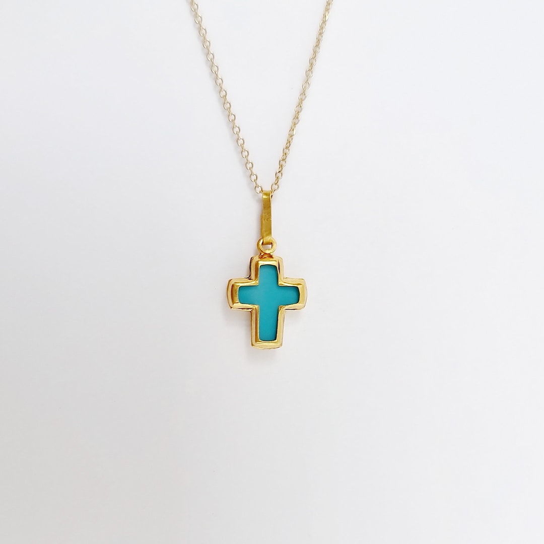 14K Tiny Solid Yellow Turquoise Gold Cross Pendant - Etsy