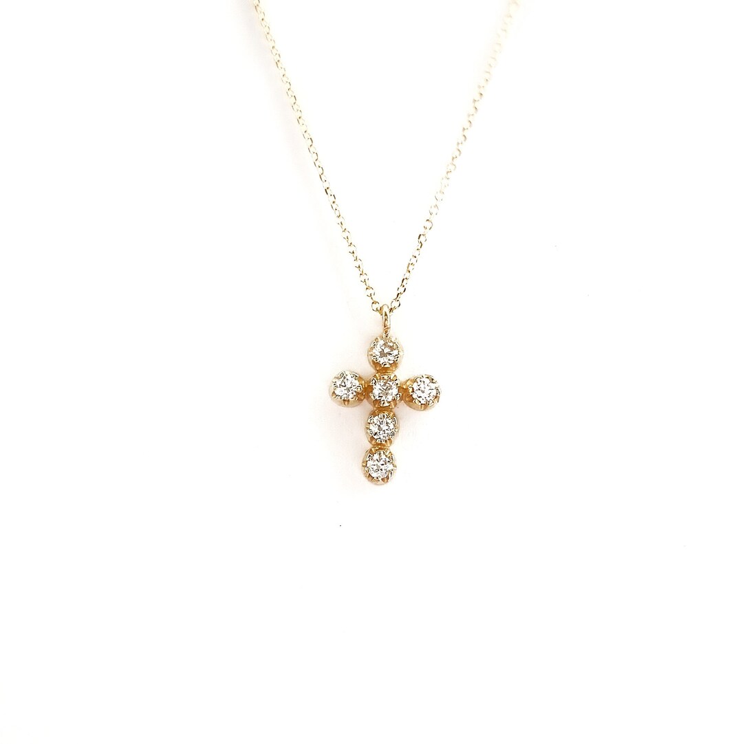 14K Yellow Solid Gold Cross Chain Pendant.white Cubic Zirconia Cross ...