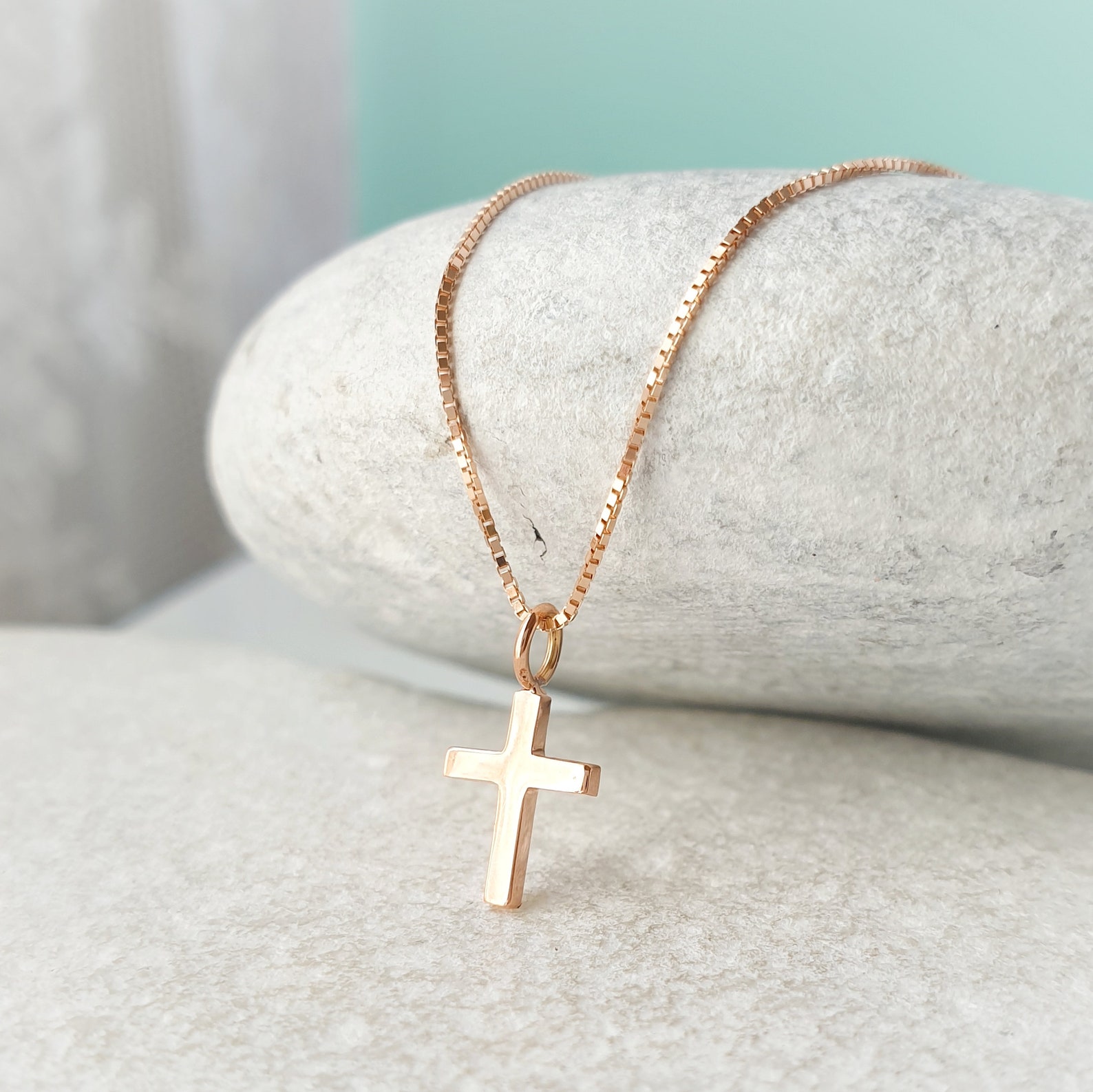 14K Rose Solid Gold Cross Chain Pendant. Minimalist Christian | Etsy
