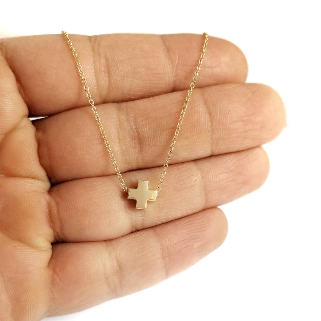 14K Yellow Solid Gold Cross Chain Pendant.small Square Cross Necklace ...