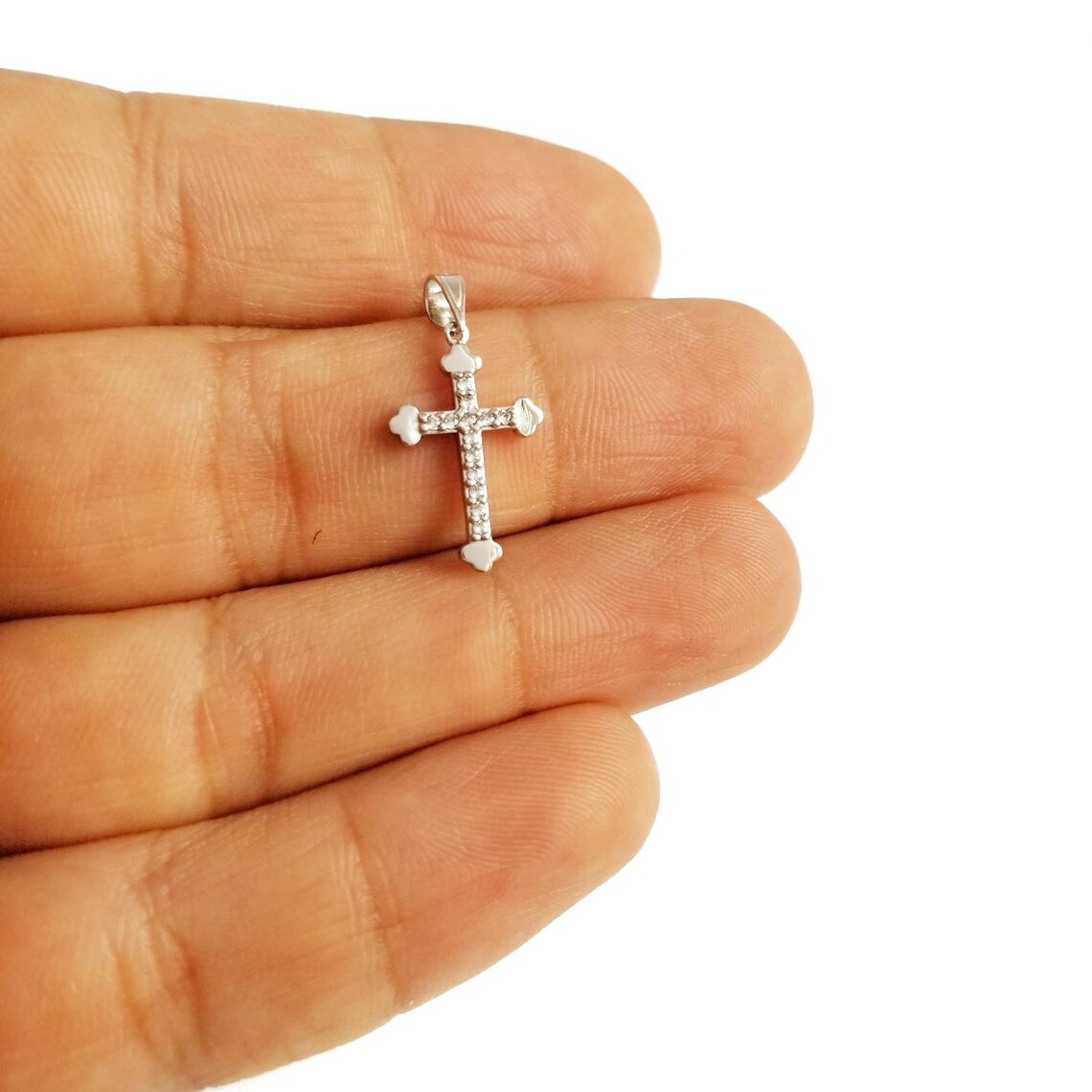 14K White Solid Gold Small Cross Pendant.white Cubic Zirconia | Etsy
