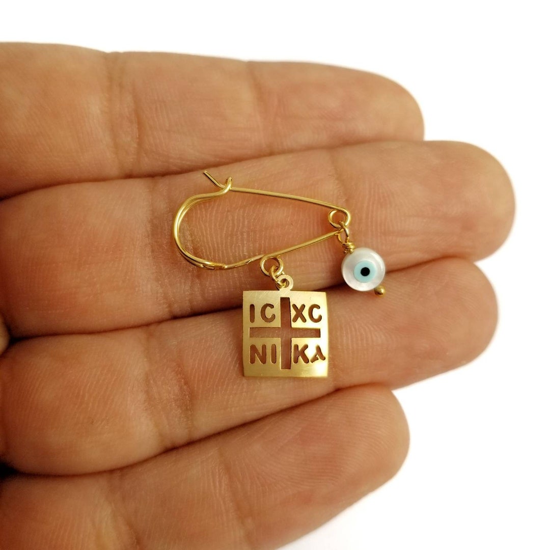 9K Greek Evil Eye Gold ICXC NIKA Baby Kid Pin Brooch.yellow - Etsy
