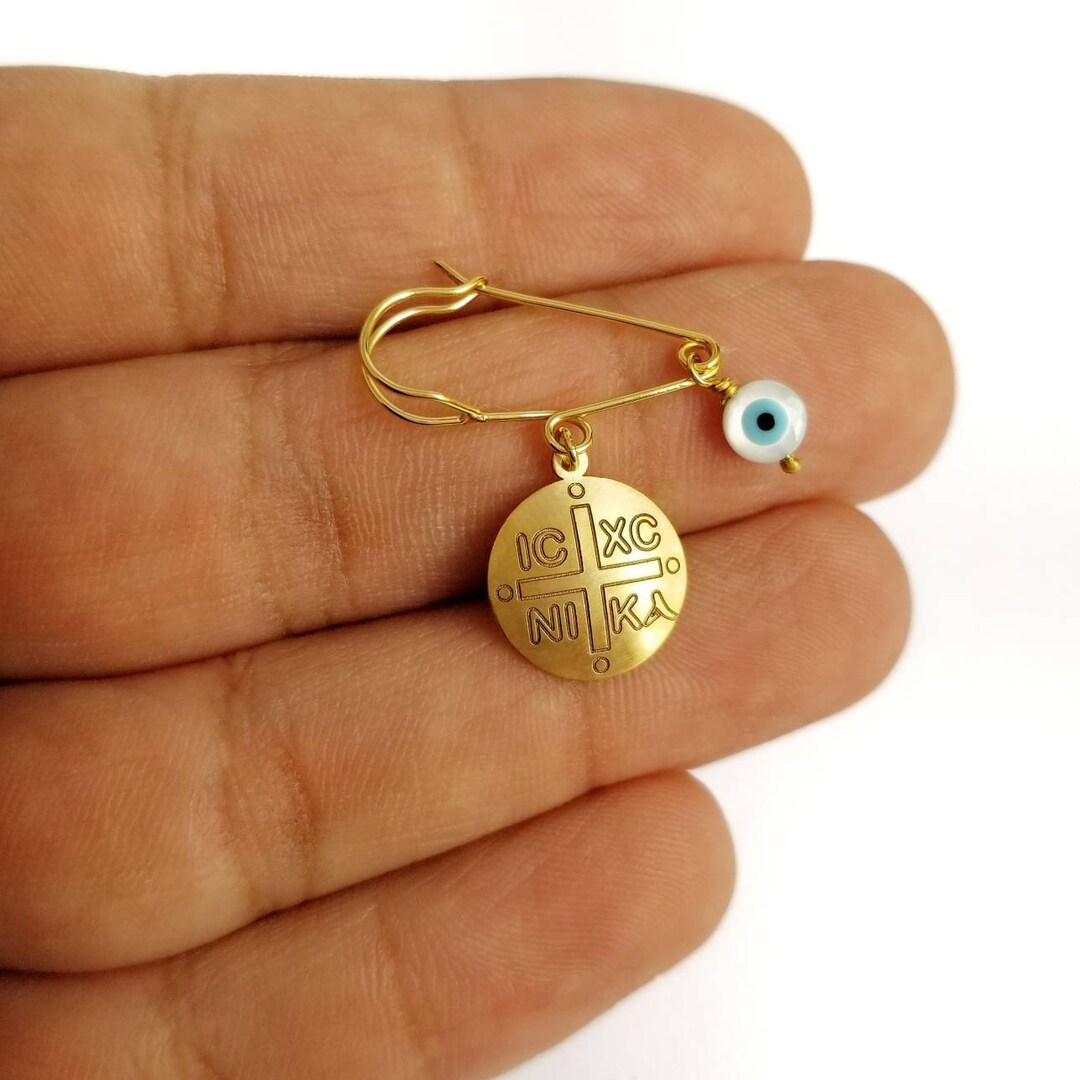 9K Greek Evil Eye Gold ICXC NIKA Baby Kid Pin Brooch.yellow - Etsy