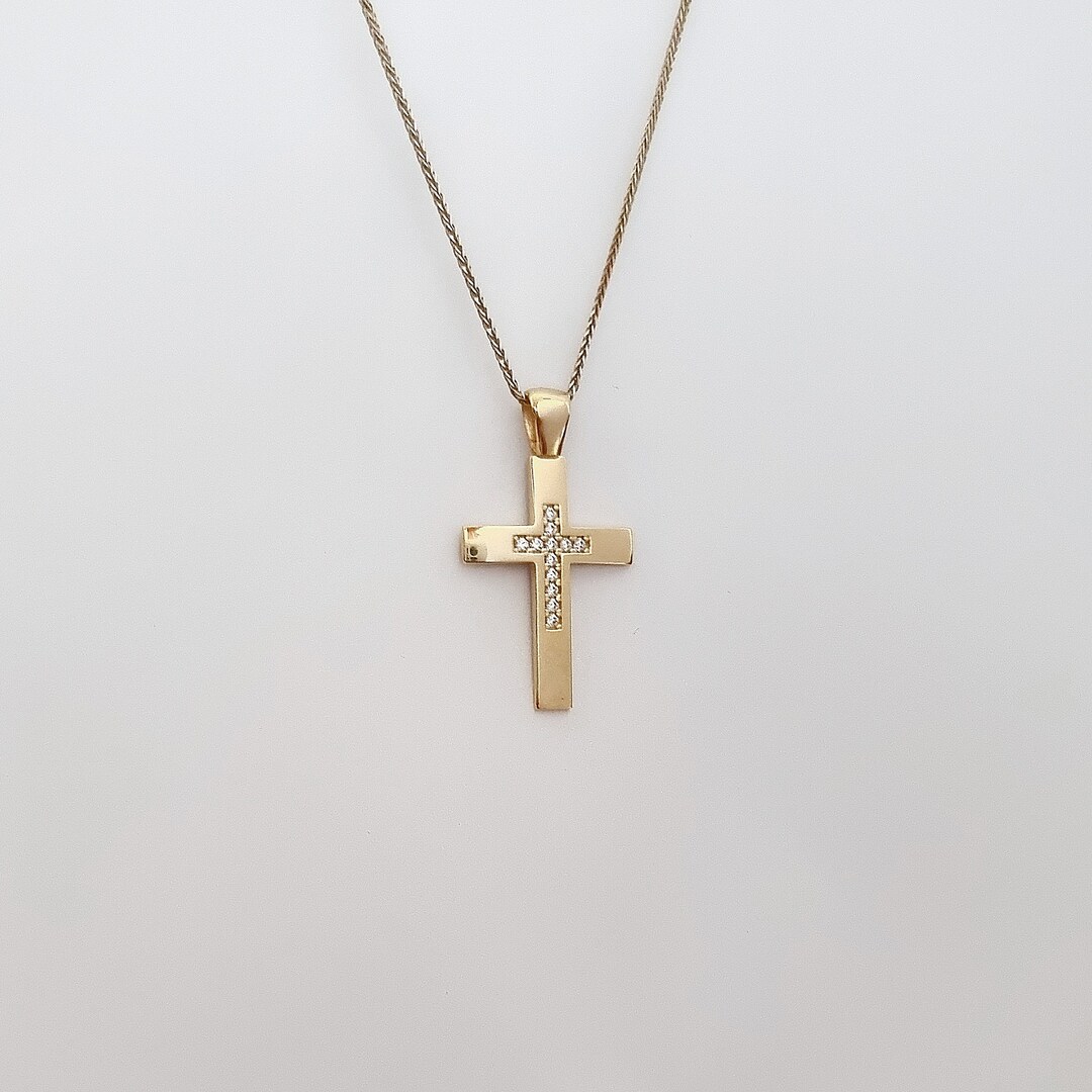 14K Gold Cross Pendant. 14K Yellow Solid Gold White Cubic Zirconia ...