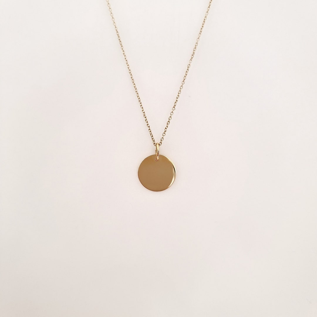 14K Yellow Solid Gold Circle Round Tag Pendant. Free Custom Engraving ...