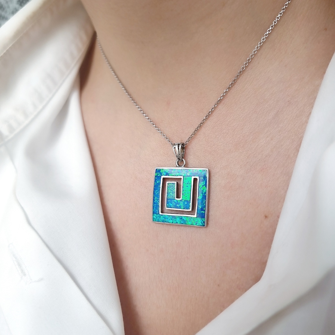 925 Sterling Silver Meander Greek Key Art Opal Pendant Necklace.ancient ...