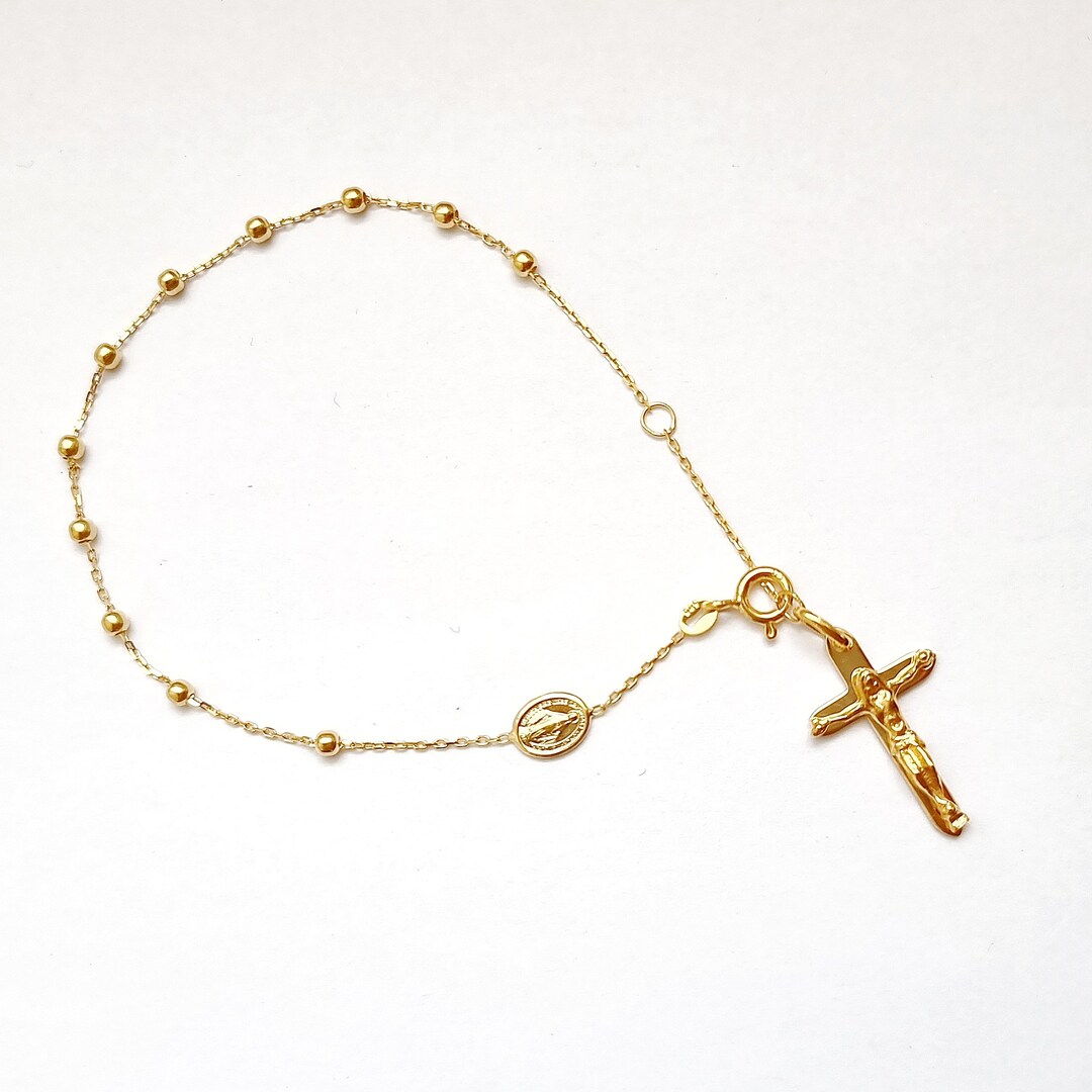 14K Gold Cross Rosary Rosario Saint Mary Chain Bracelet. Cross Charm ...