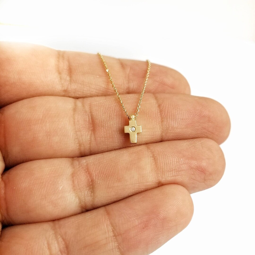 14K Tiny Yellow Solid Gold Two-side Cross Chain Pendant.cubic Zirconia ...