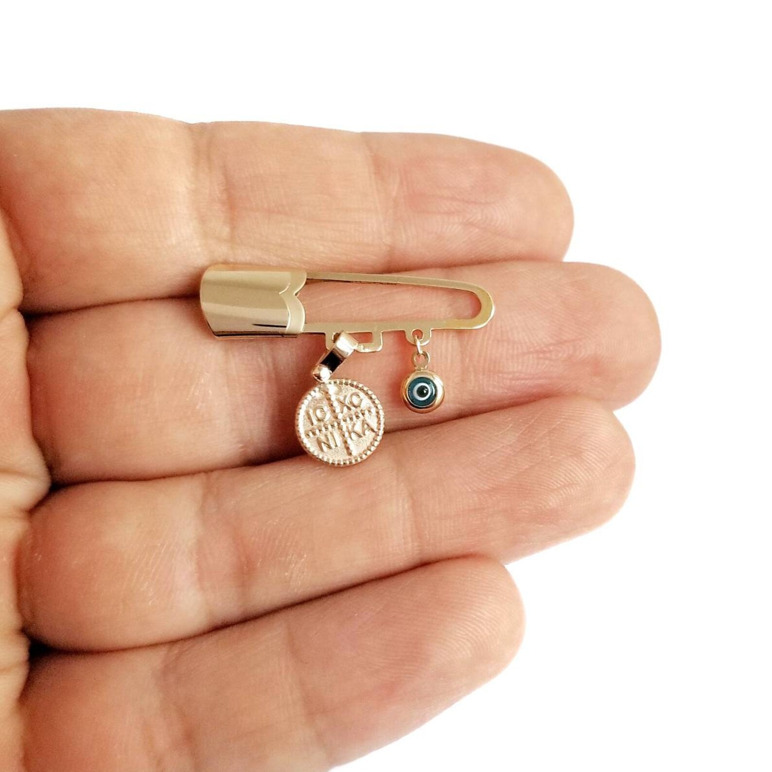 9K Tiny Blue Greek Evil Eye Gold & ICXC NIKA Charm Baby Kid - Etsy