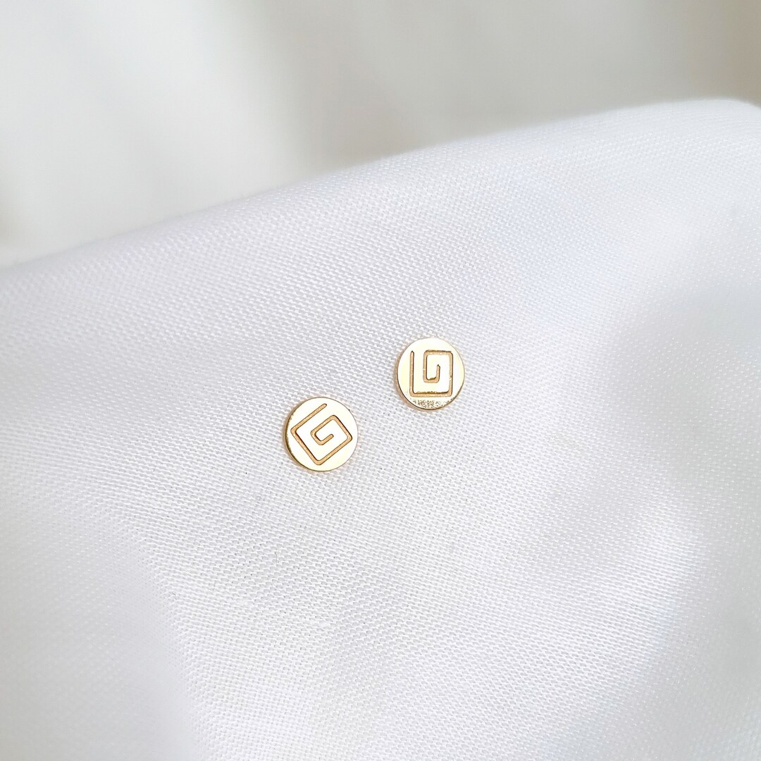 14K Gold Thin Greek Meander Drop Earrings Studs .14K Yellow - Etsy