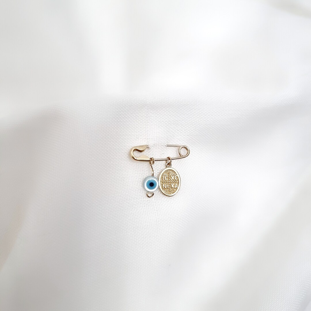 14K Tiny Greek Evil Eye Gold & ICXC NIKA Constantinato Charm Baby Pin ...