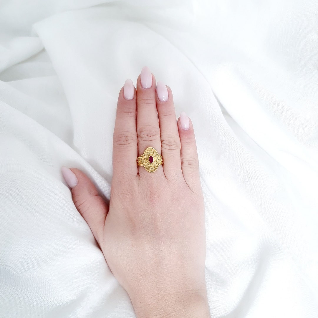 Oval Red Zirconia Retro Byzantine Style Ring. 925 Sterling Silver ...