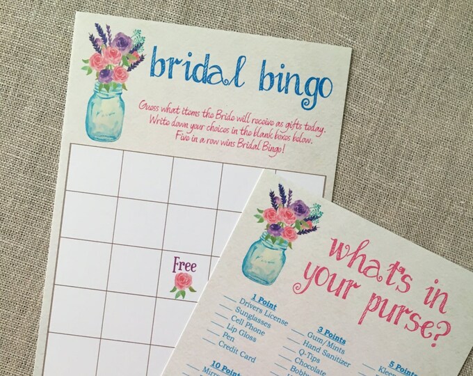 COMBO Watercolor Flowers & Mason Jar Bridal Bingo and What's in Your ...