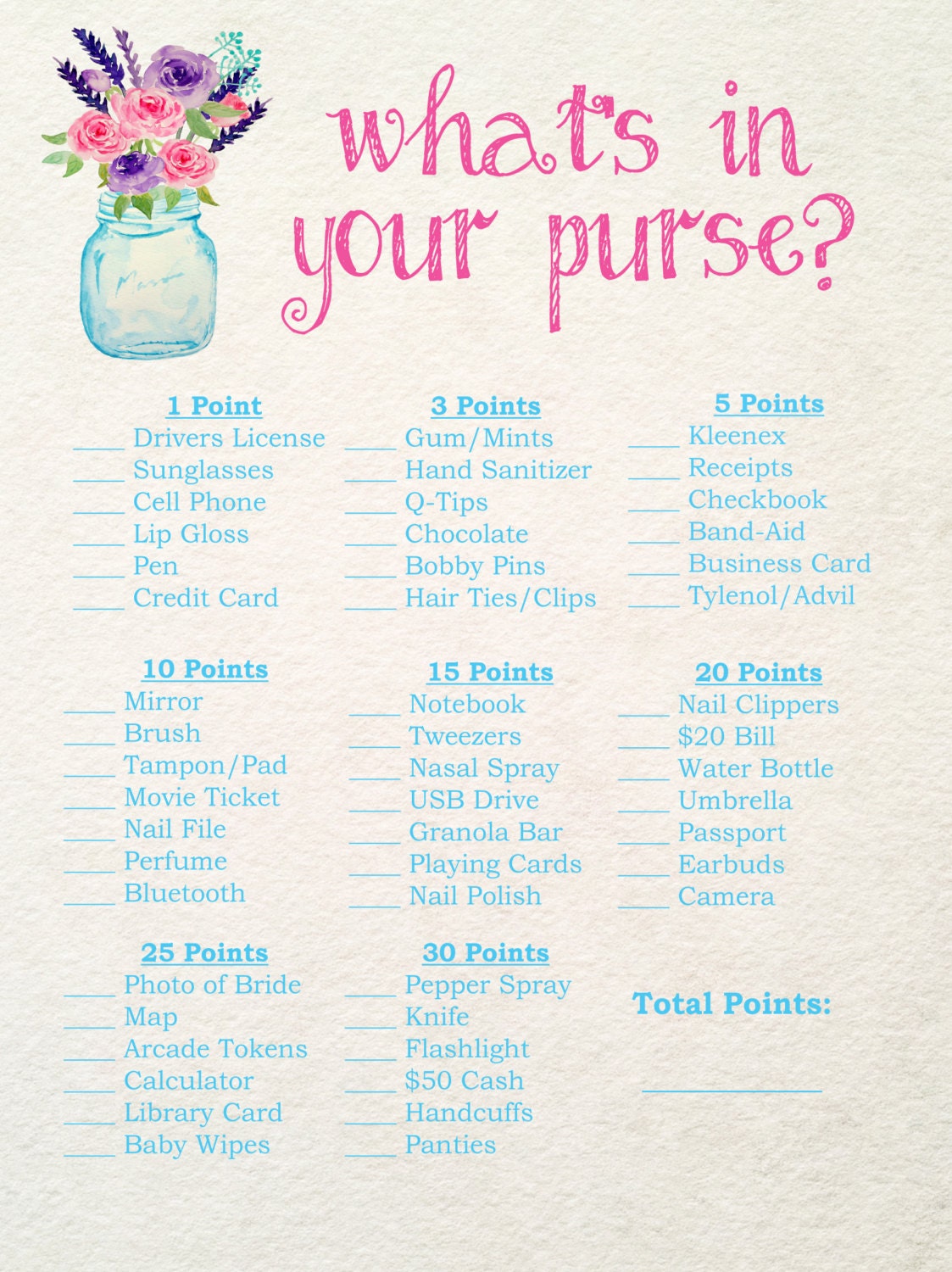 Pink Purple & Blue Mason Jar Flowers What's in Your Purse Watercolor ...