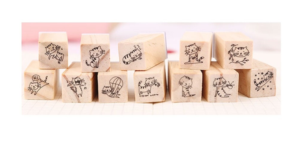 Cute DIY Crafts Wooden Rubber Stamp Set Cat Design 12 | Etsy