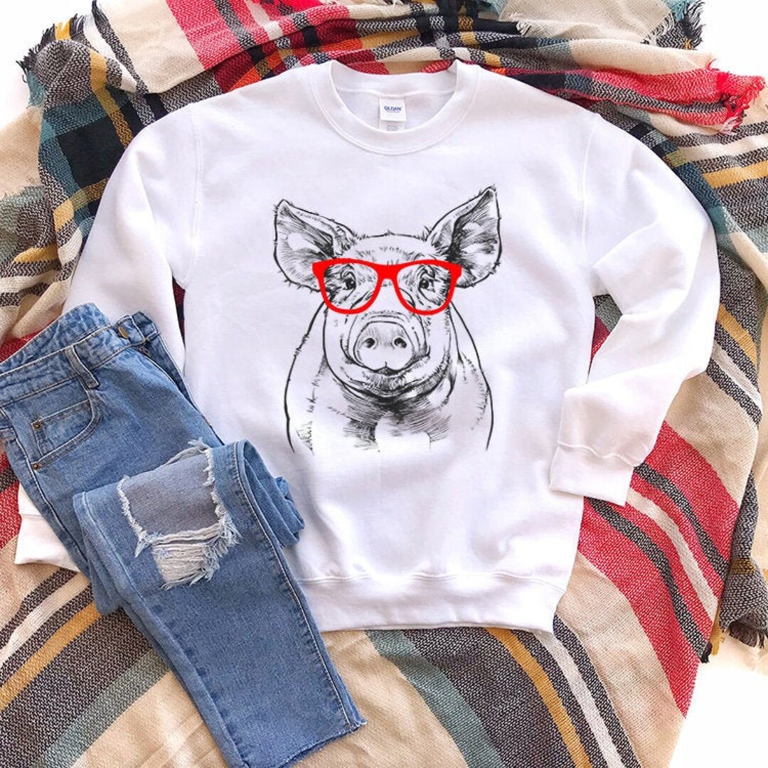 Pig Sweatshirt, Hipster Pig Hoodie, Glasses Nerdy Farm Animal Unisex ...