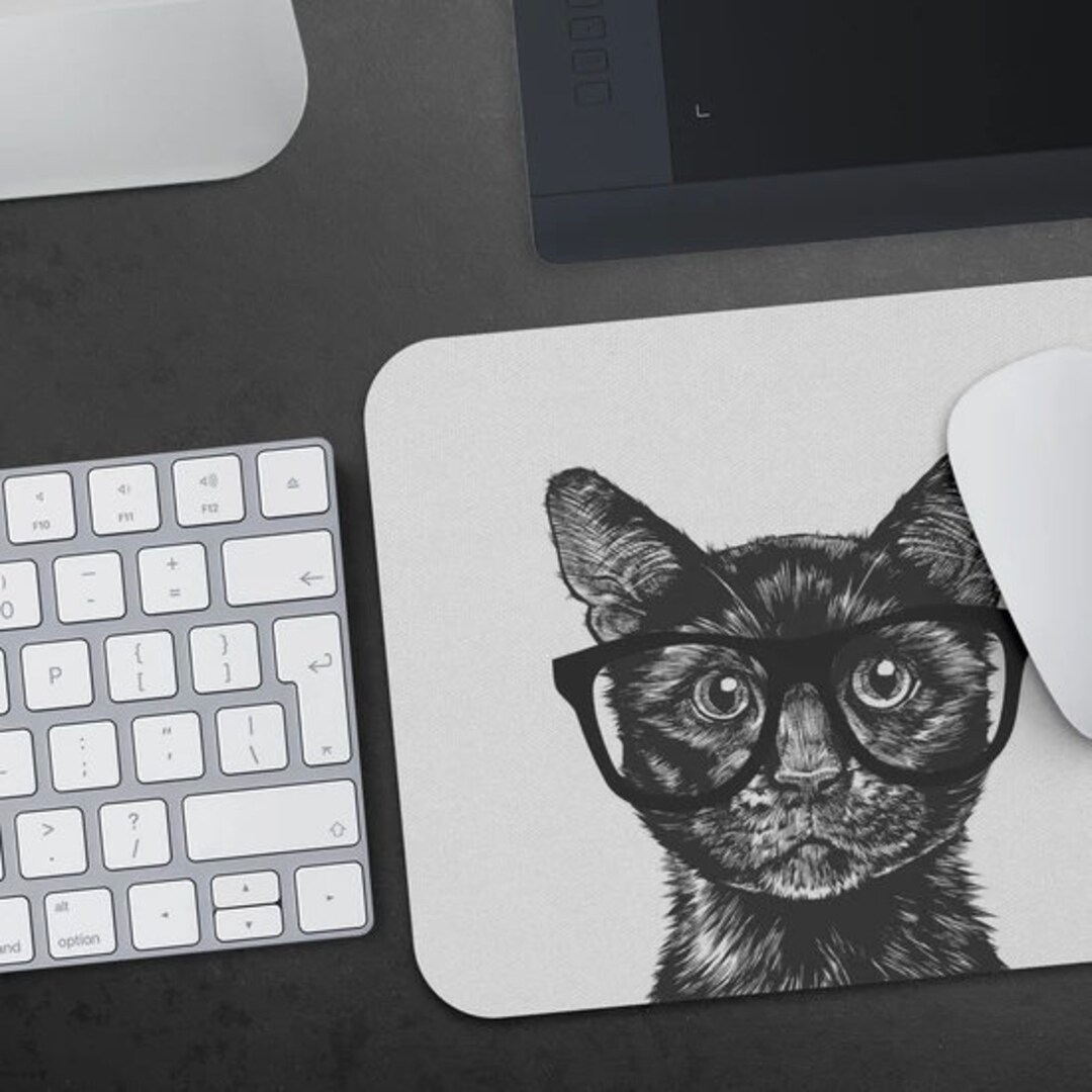 Black Cat Mousepad, Hipster Nerdy Cat Mouse Pad, Cat Lover Gift ...