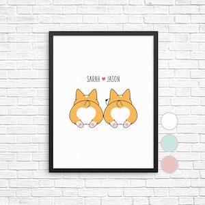 Corgi Wall Art, Custom Name Print, Personalized Couple Wedding Decor ...