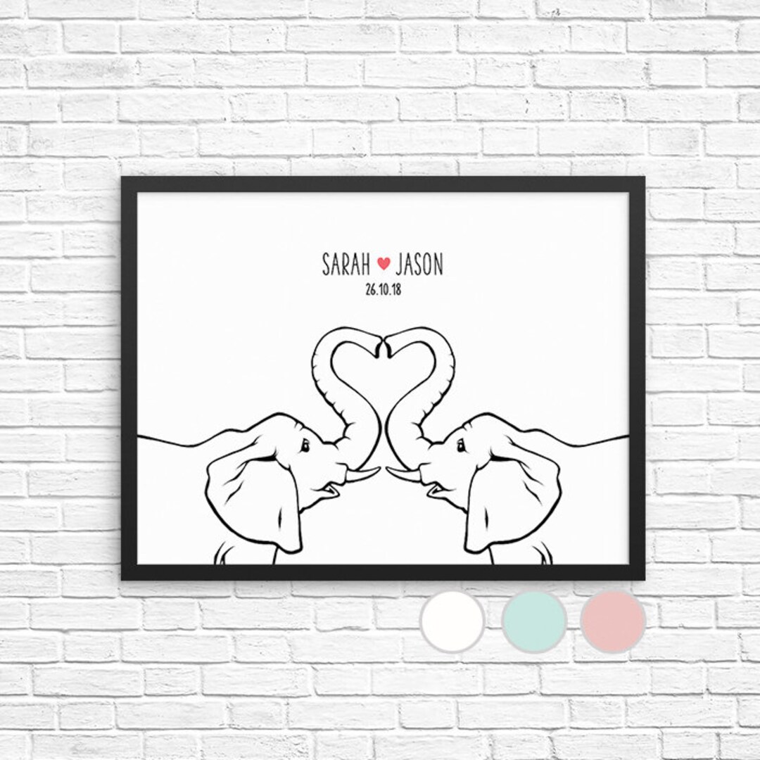Elephant Wall Art, Custom Name Print, Personalized Couple Wedding Decor ...