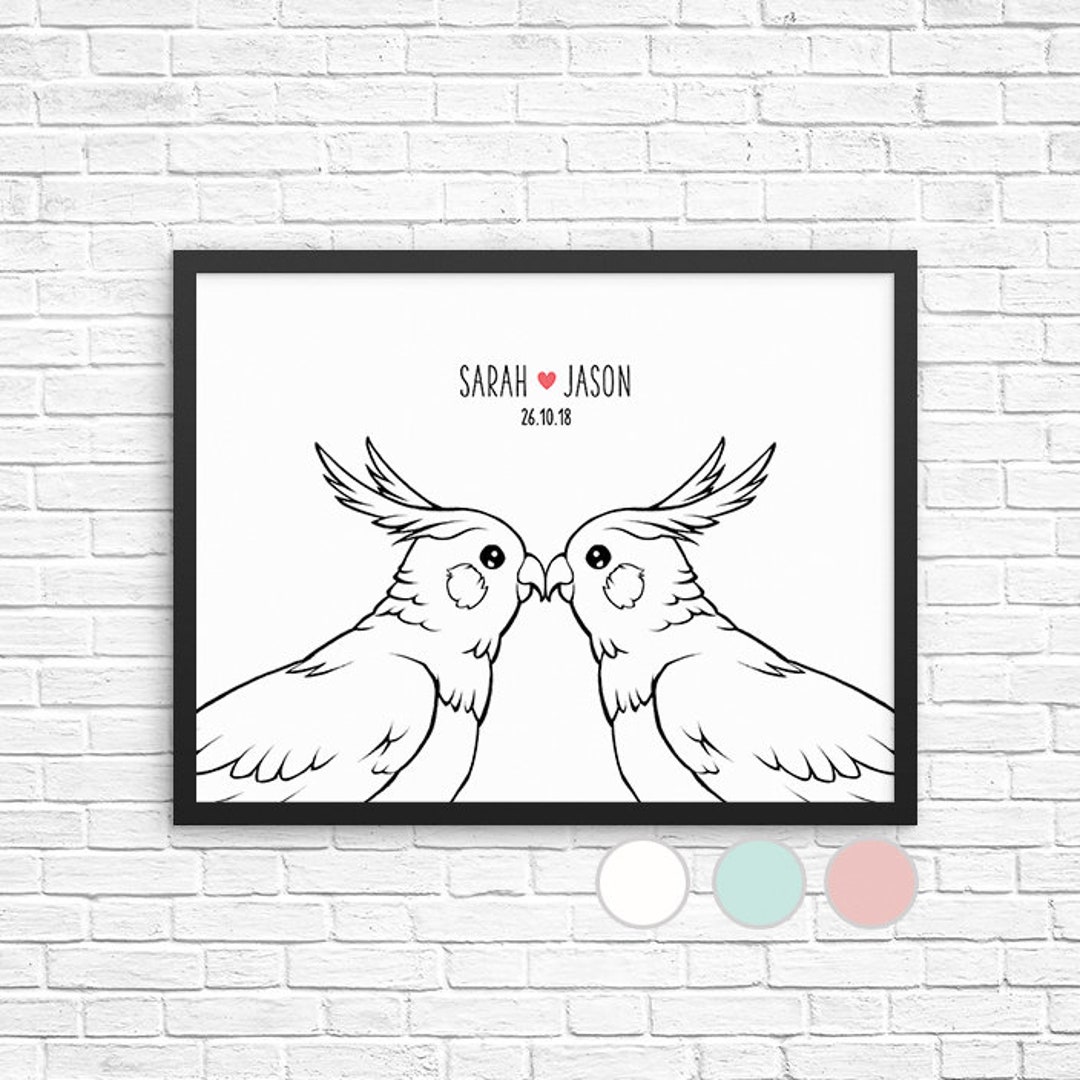 Cockatiel Wall Art, Custom Name Print, Personalized Couple Wedding ...